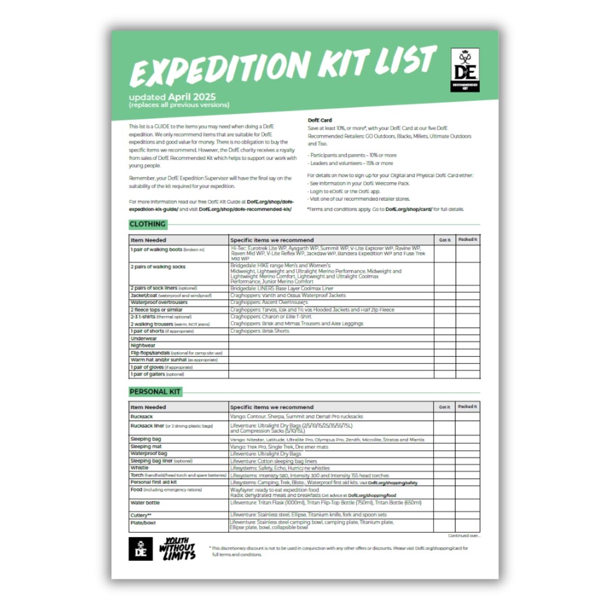 DofE Expedition Kit List - The Duke of Edinburgh's Award